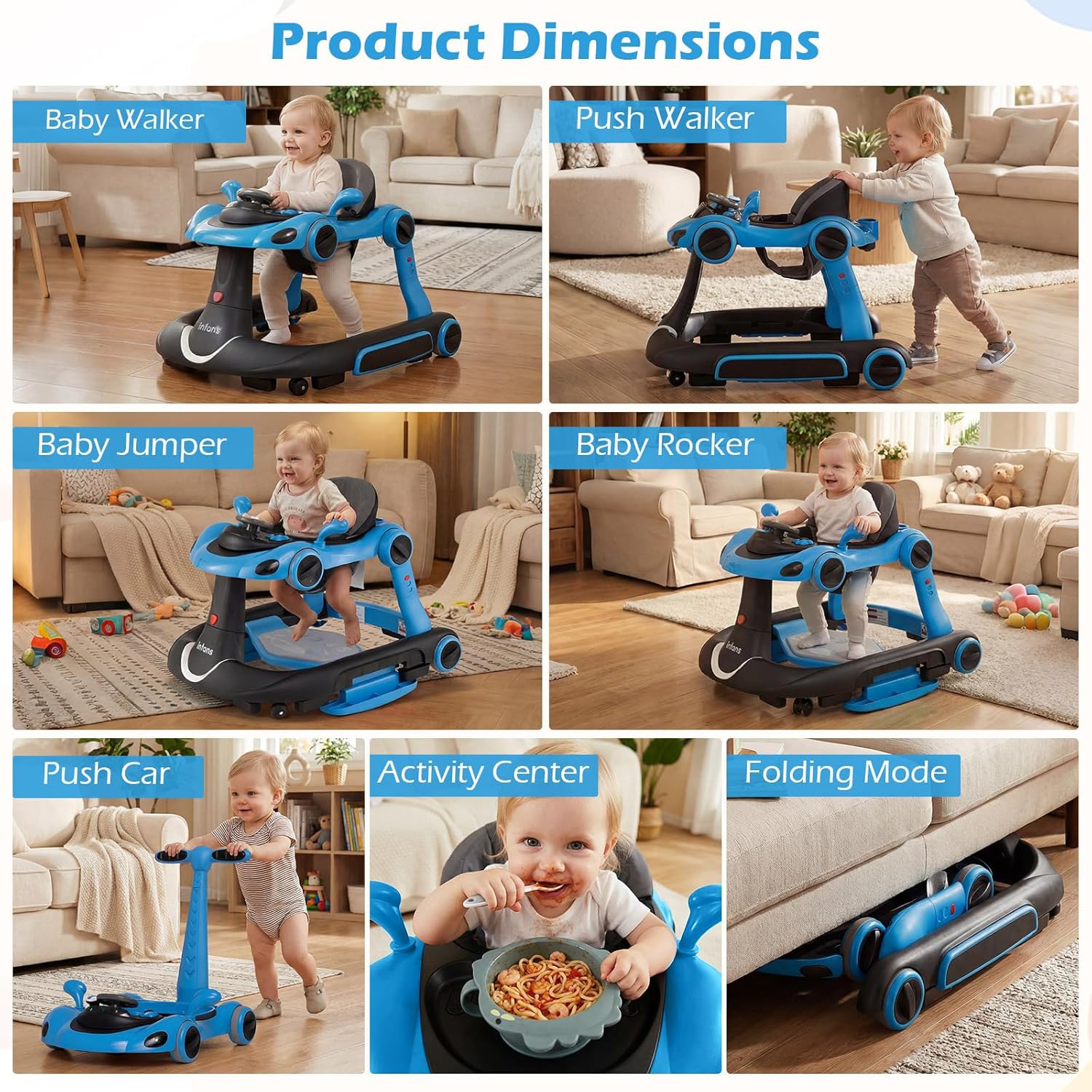 INFANS 6-in-1 Foldable Baby Walker, Converts Push Car to Bouncer, Rock ...